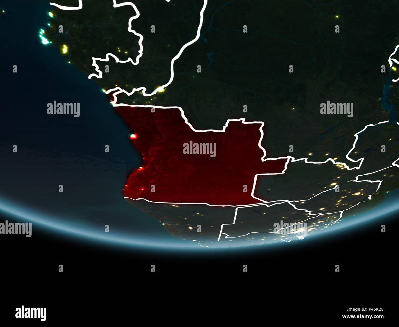 Angola highlighted in red on planet Earth at night with visible borders and city lights. 3D ...