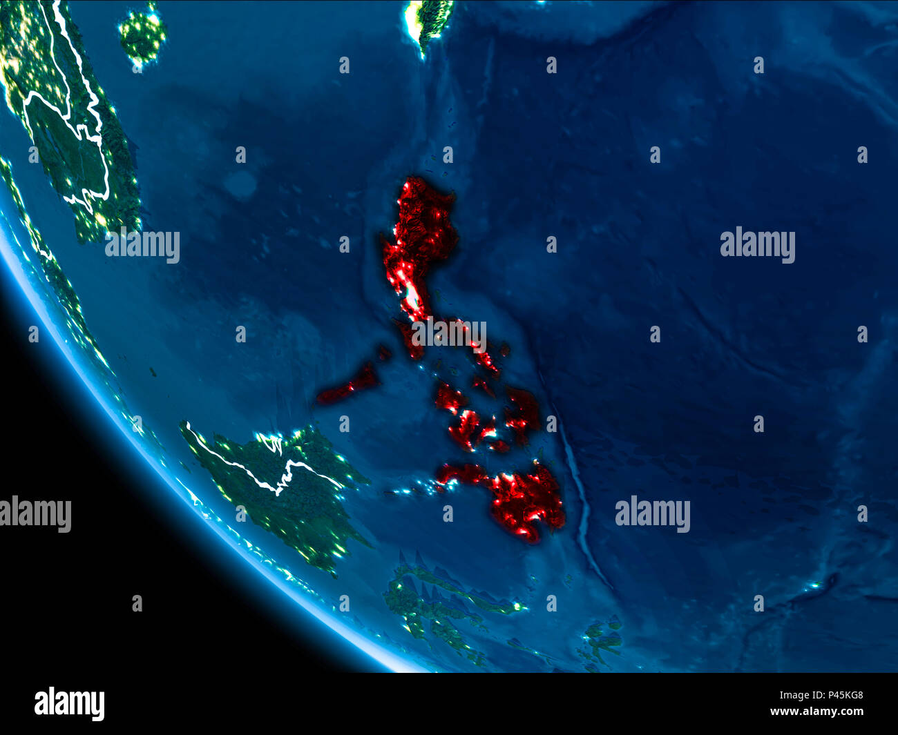 Map of Philippines in red as seen from space on planet Earth at night ...