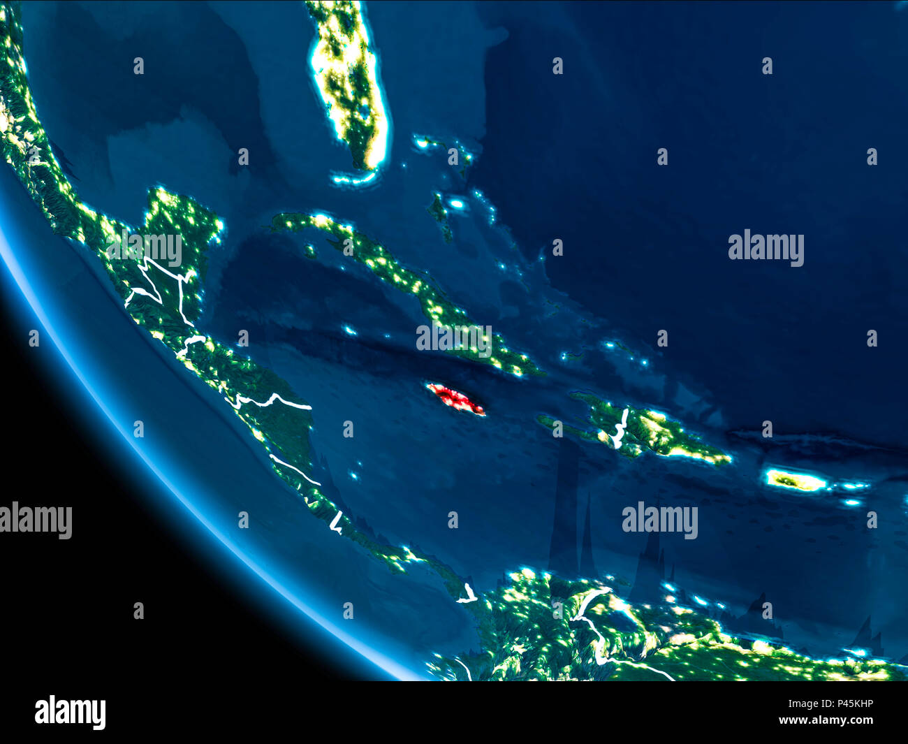 Map of Jamaica in red as seen from space on planet Earth at night with ...