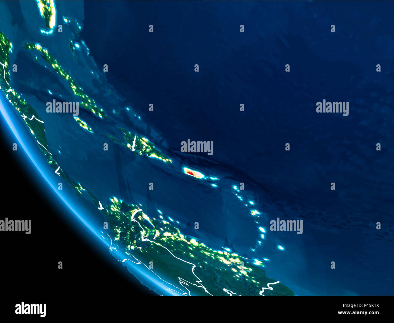 Map of Puerto Rico in red as seen from space on planet Earth at night ...