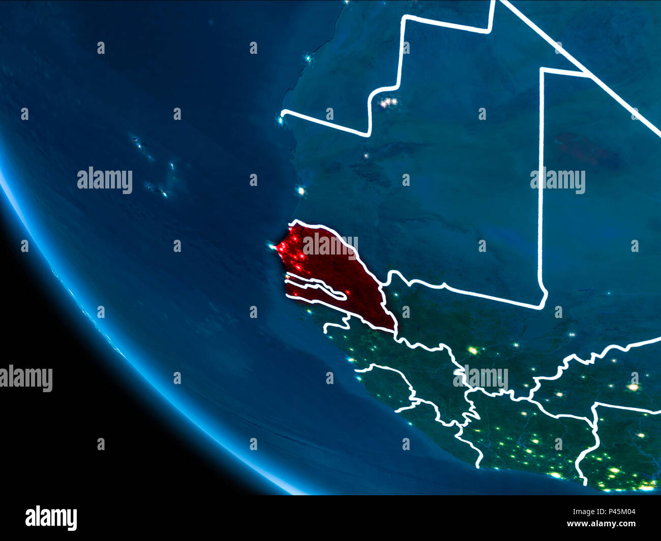 Map of Senegal in red as seen from space on planet Earth at night with ...