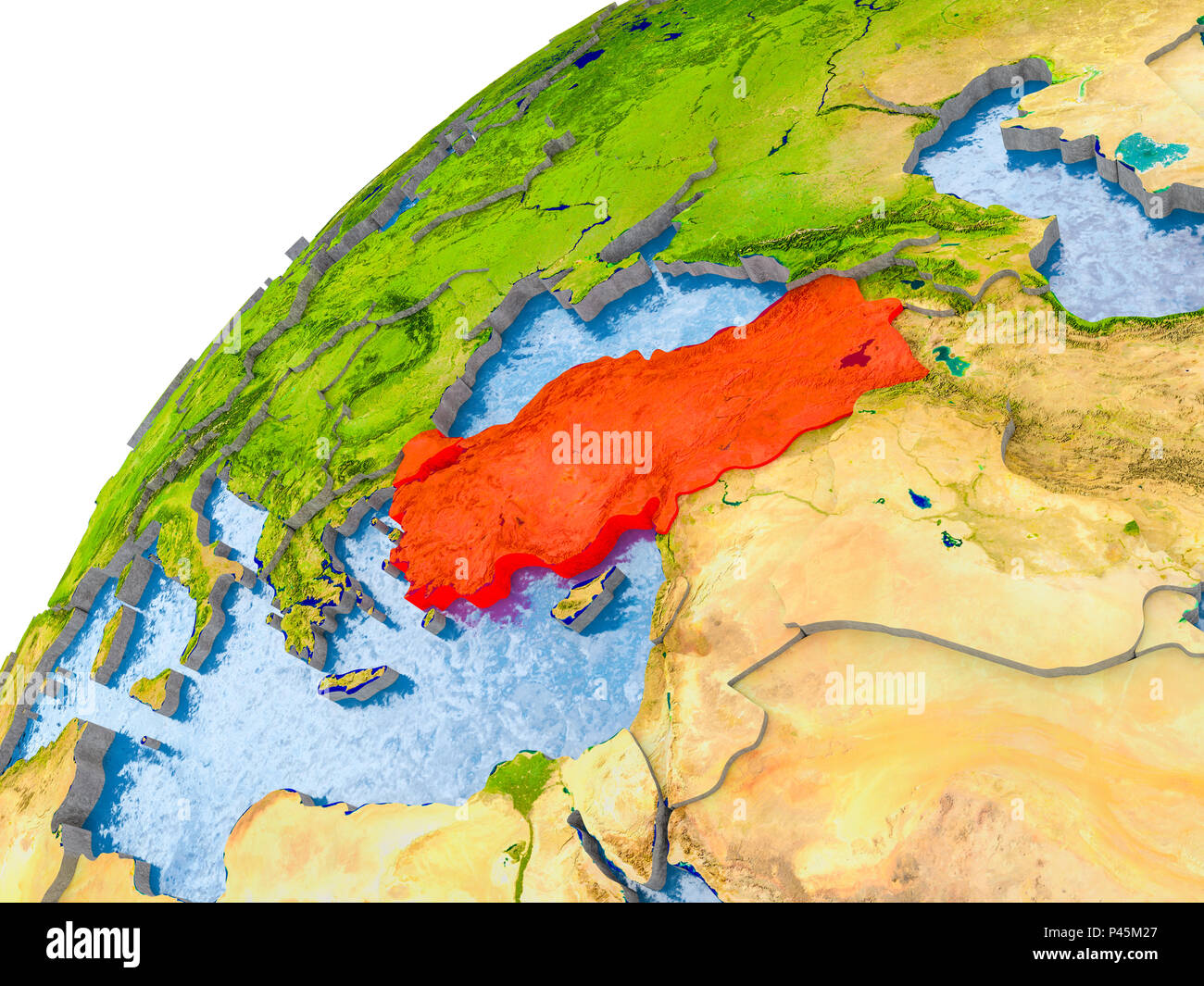 Turkey on simple globe with visible country borders and realistic water ...