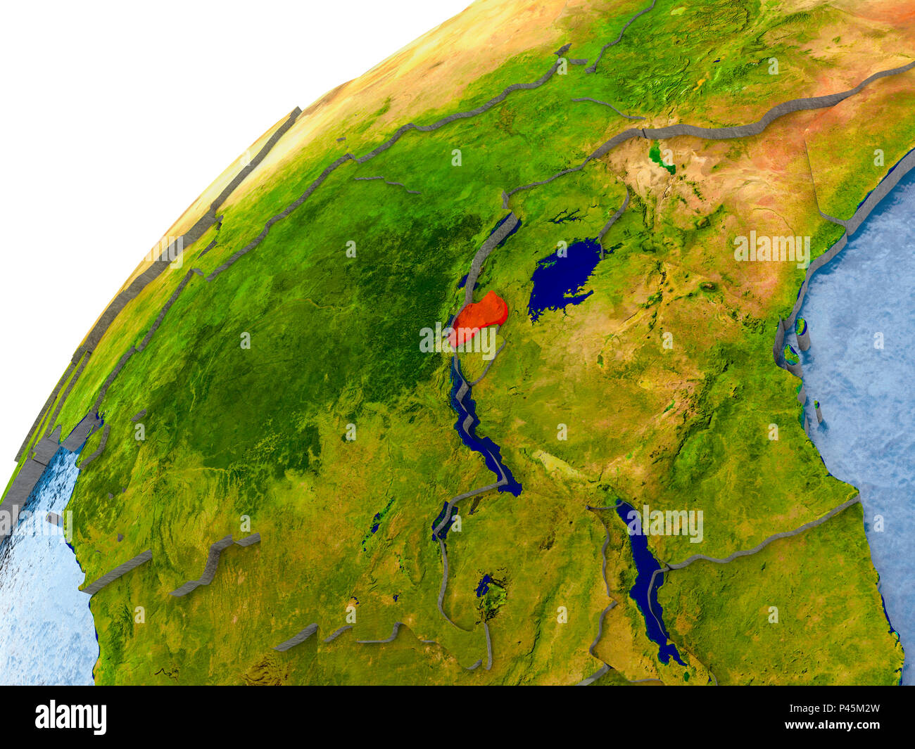 Rwanda on simple globe with visible country borders and realistic water ...
