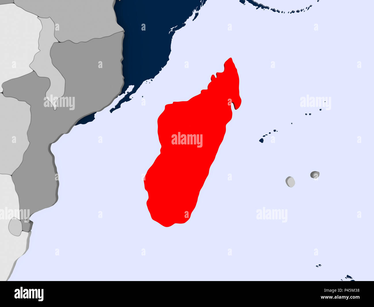 Madagascar in red on political map with transparent oceans. 3D ...