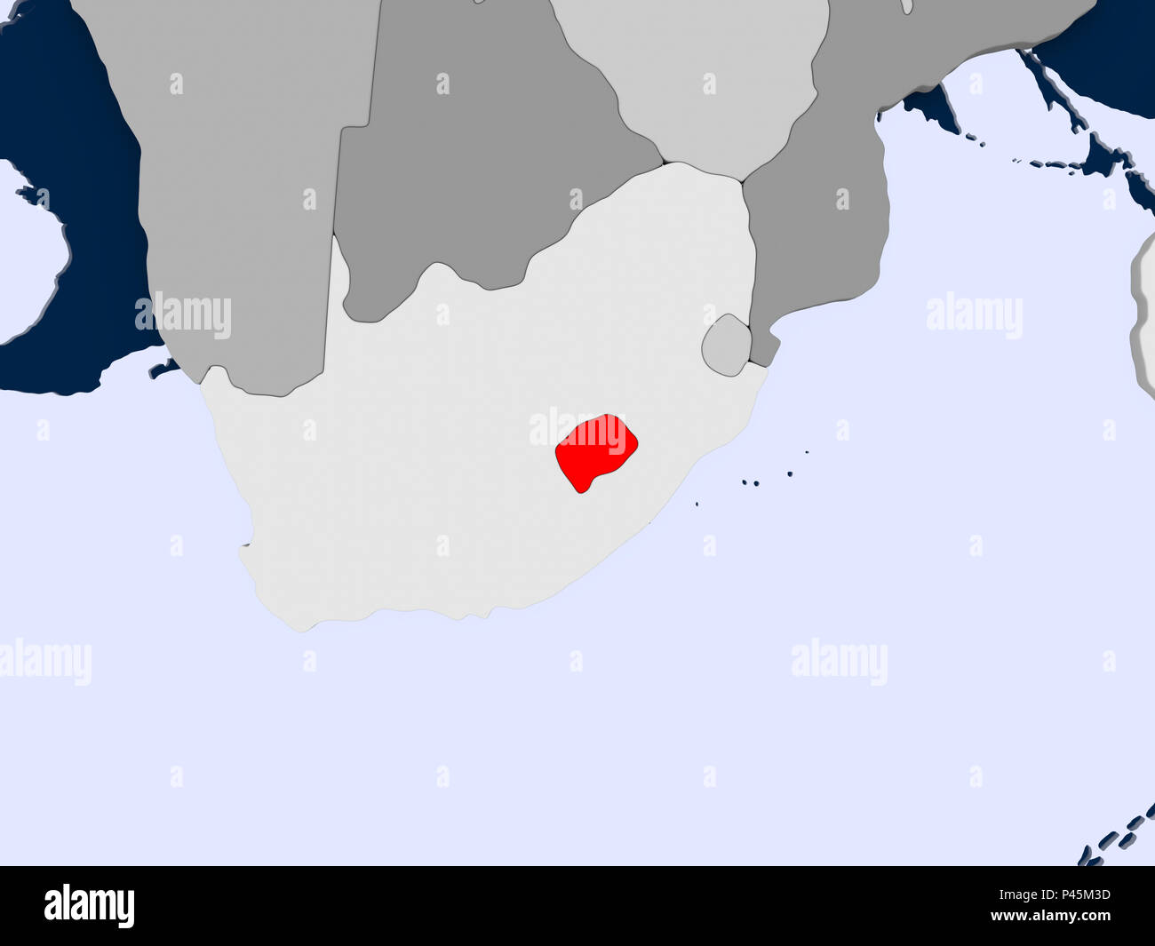 Lesotho in red on political map with transparent oceans. 3D ...