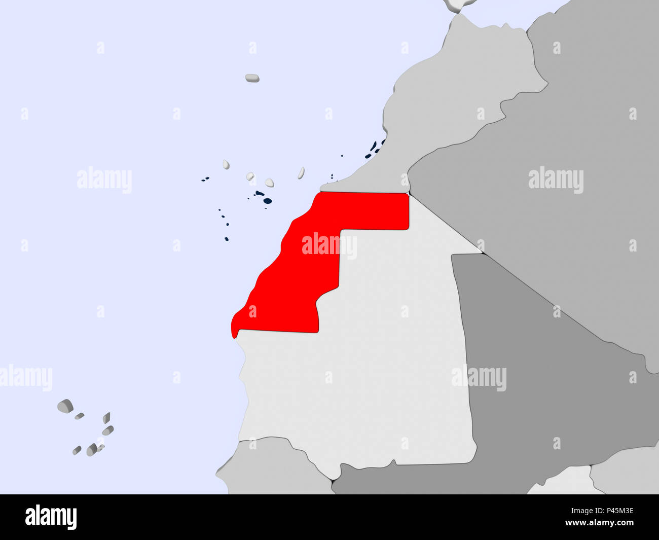 Western Sahara in red on political map with transparent oceans. 3D ...