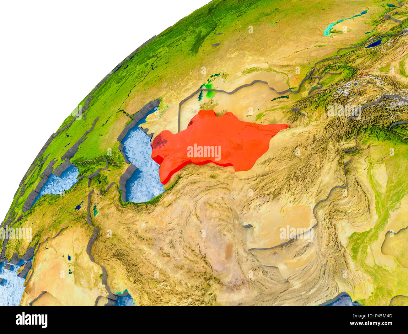 Turkmenistan on simple globe with visible country borders and realistic ...