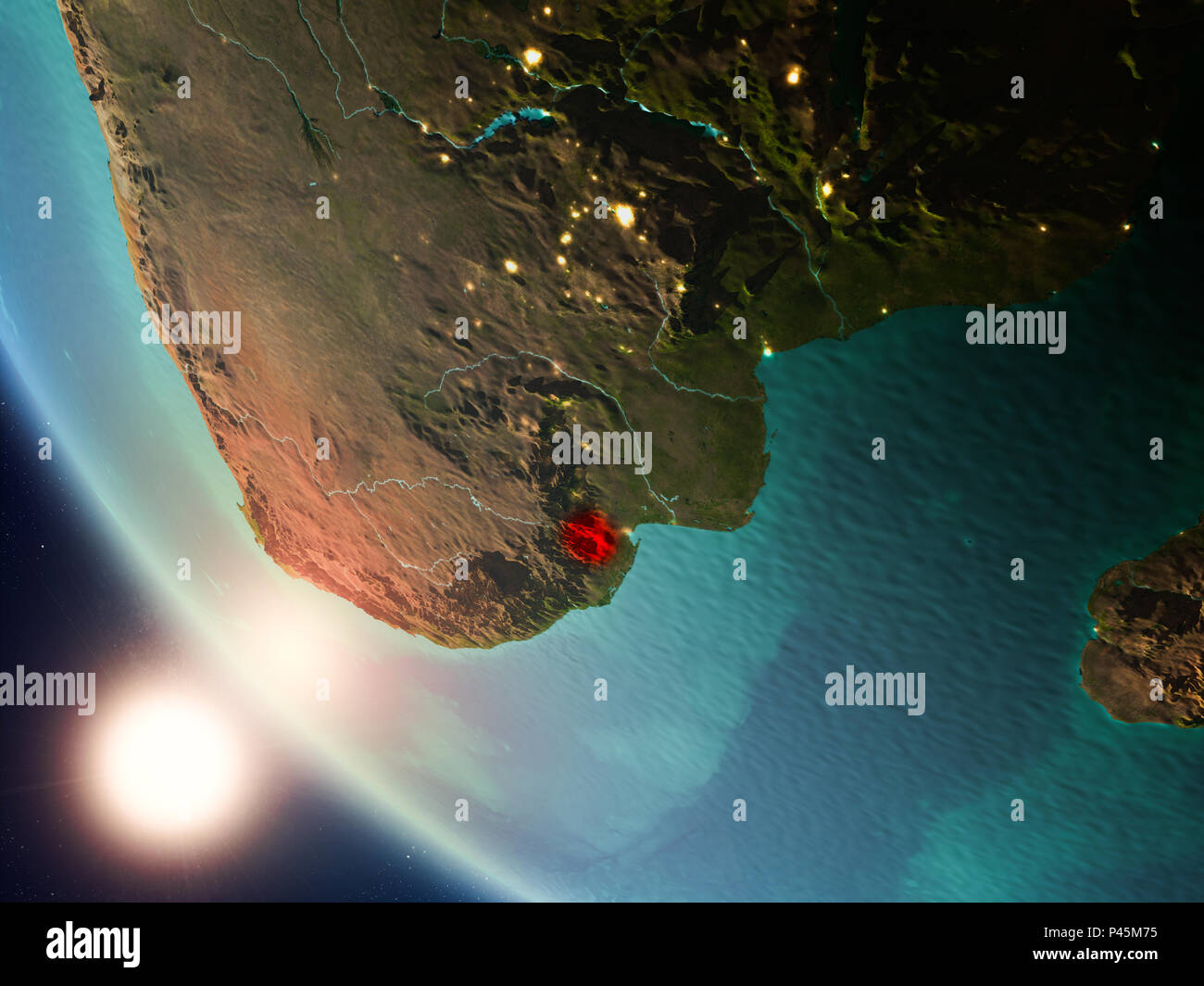 Satellite view of Swaziland highlighted in red on planet Earth with visible country borders ...