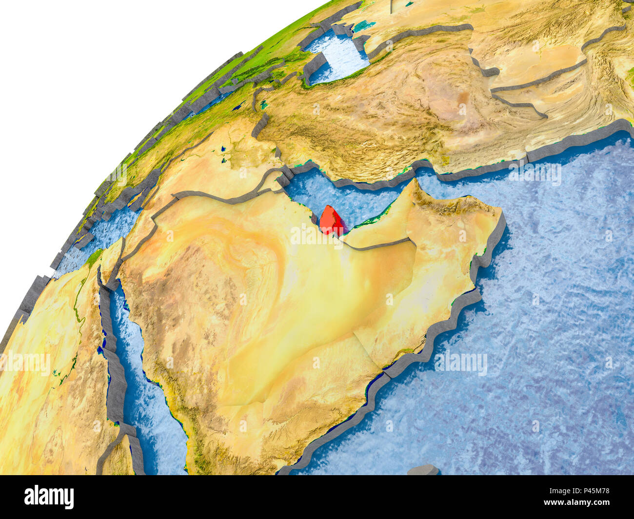 Qatar on simple globe with visible country borders and realistic water ...