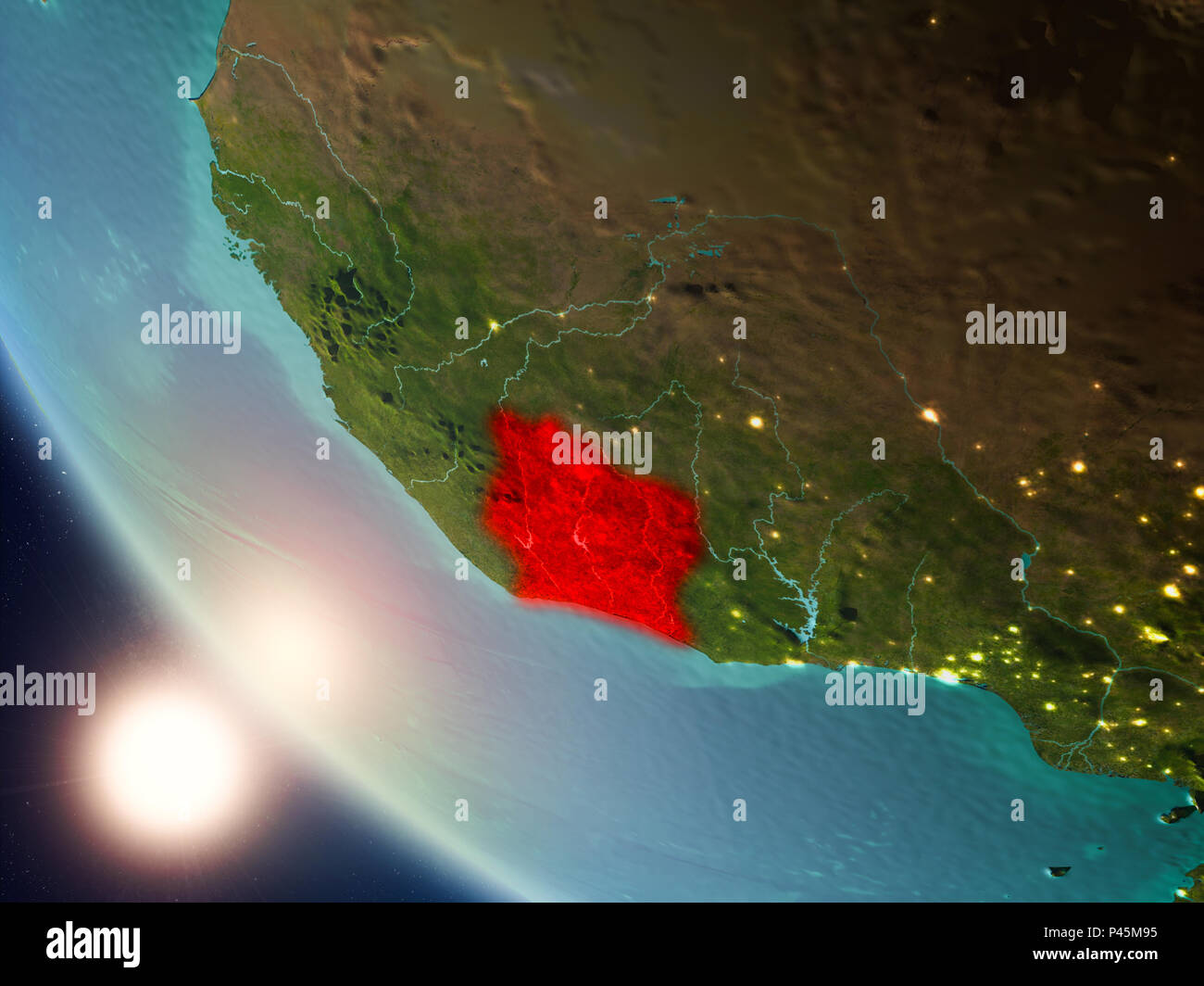 Satellite view of Ivory Coast highlighted in red on planet Earth with ...