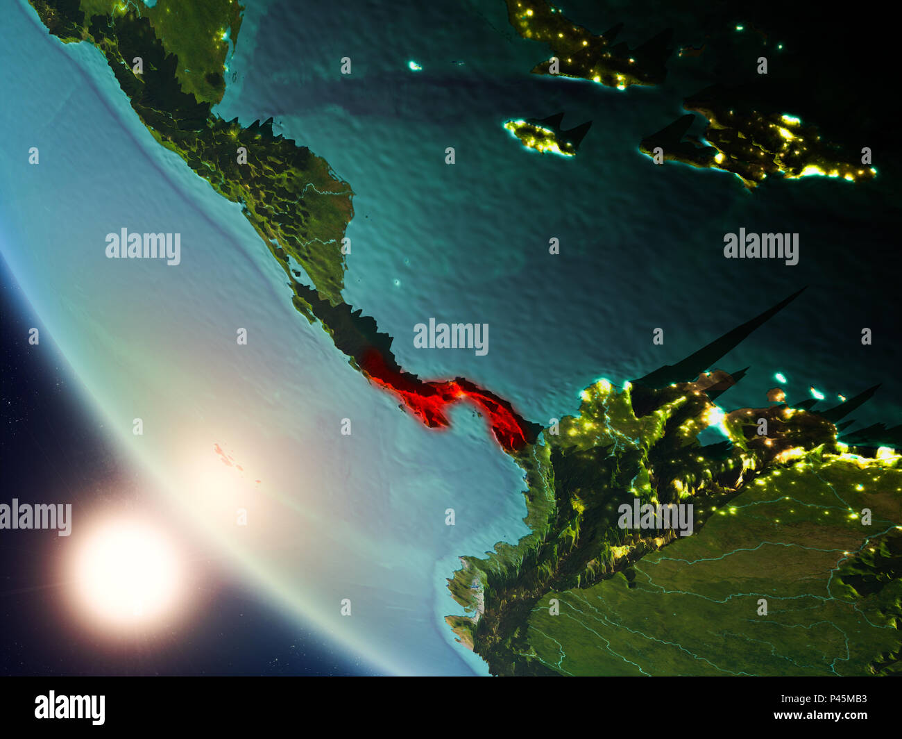 Satellite view of Panama highlighted in red on planet Earth with ...