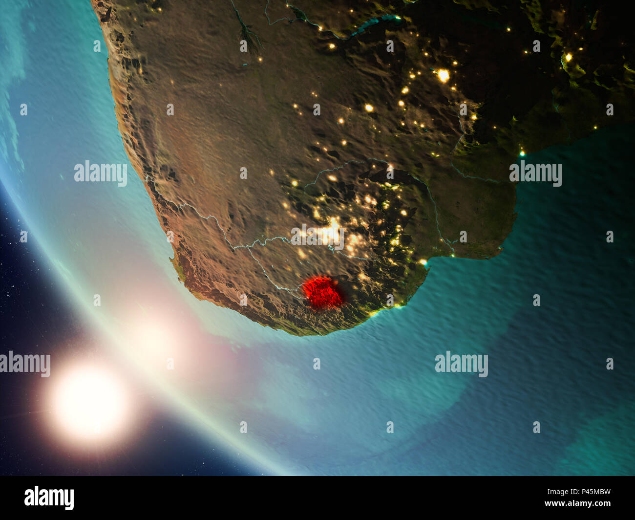 Satellite view of Lesotho highlighted in red on planet Earth with ...