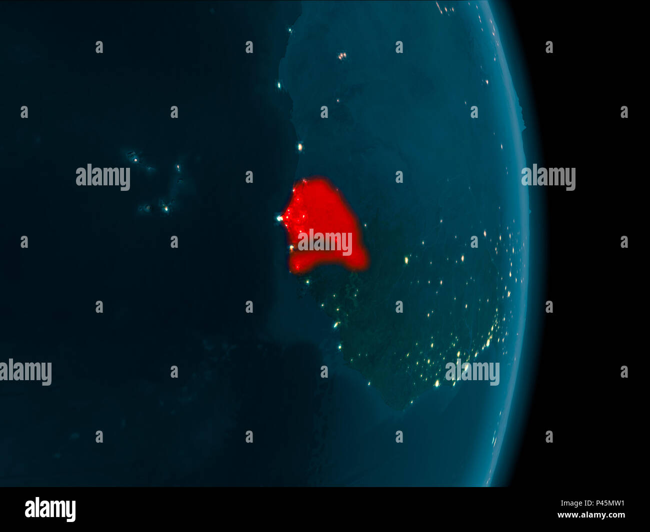 Illustration of Senegal as seen from Earth’s orbit at night. 3D ...