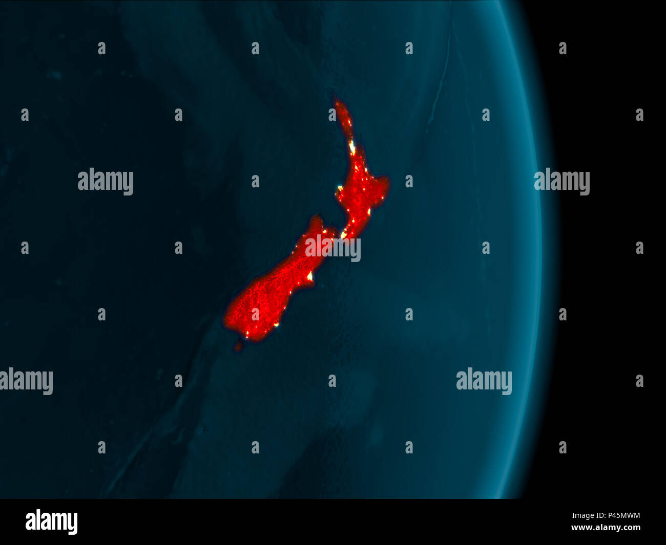 Illustration of New Zealand as seen from Earth’s orbit at night. 3D ...
