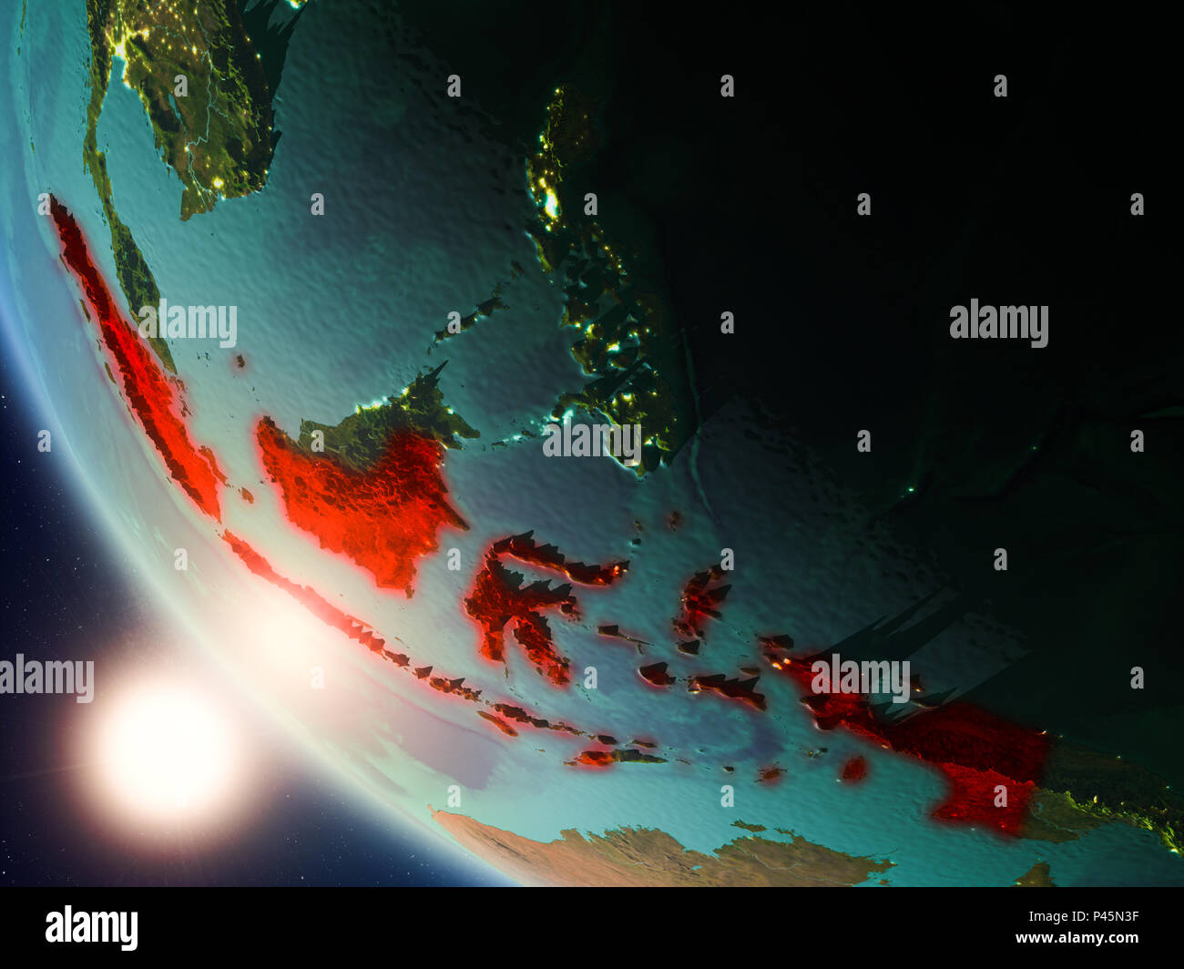 Satellite view of Indonesia highlighted in red on planet Earth with ...
