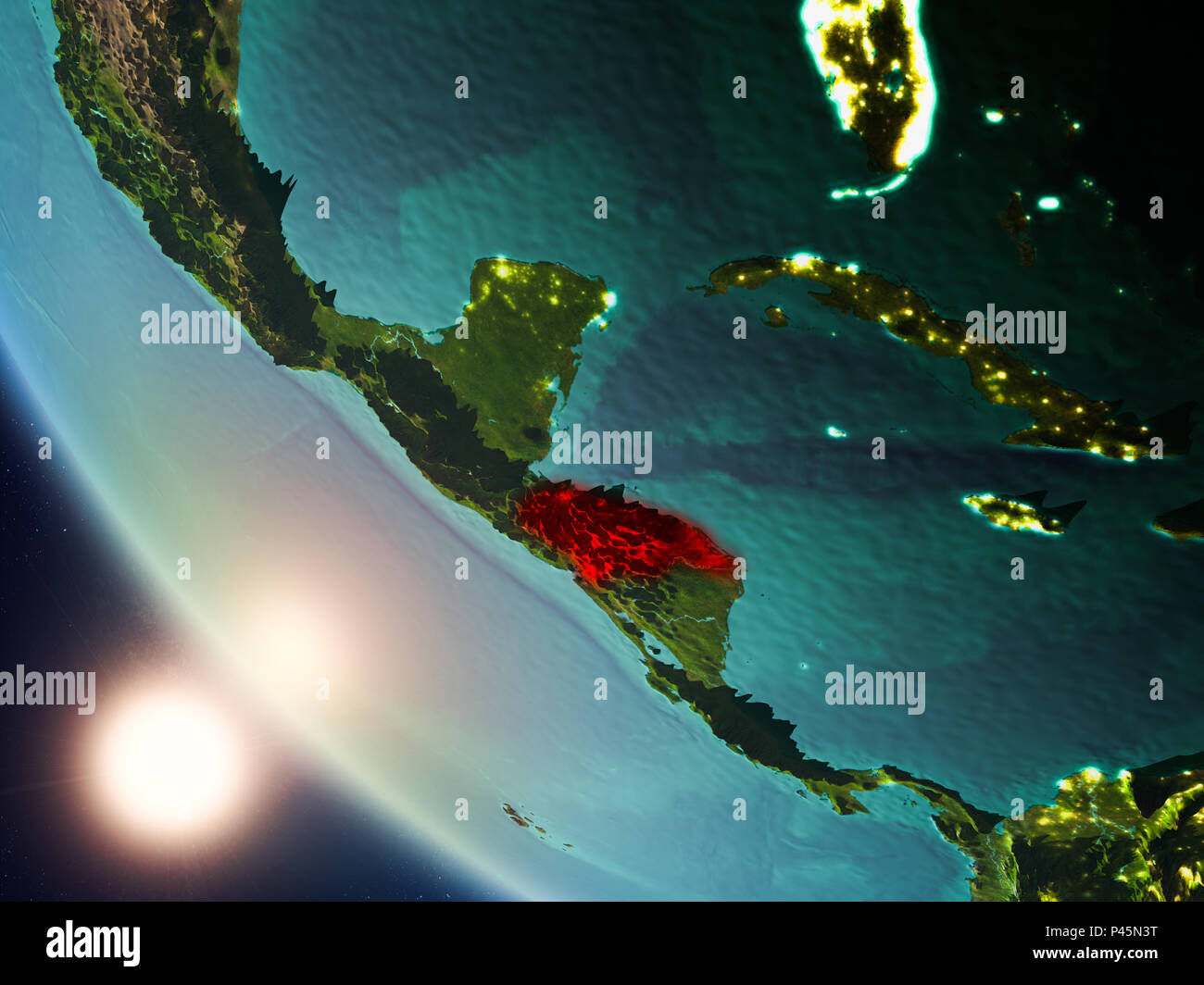 Satellite view of Honduras highlighted in red on planet Earth with ...