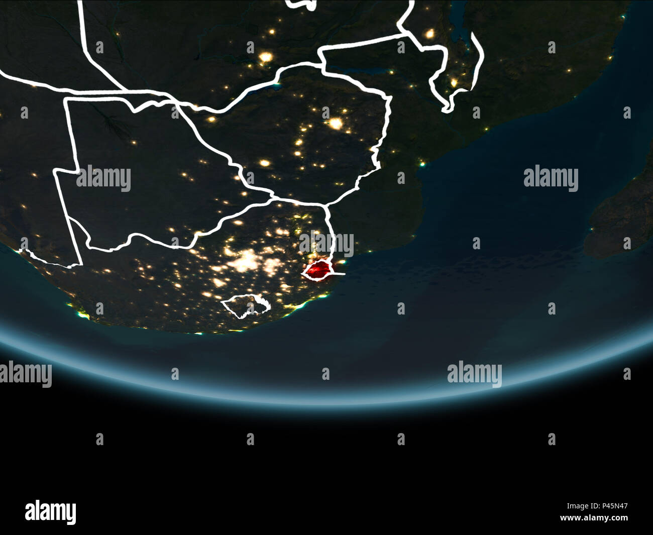 Swaziland highlighted in red on planet Earth at night with visible borders and city lights. 3D ...