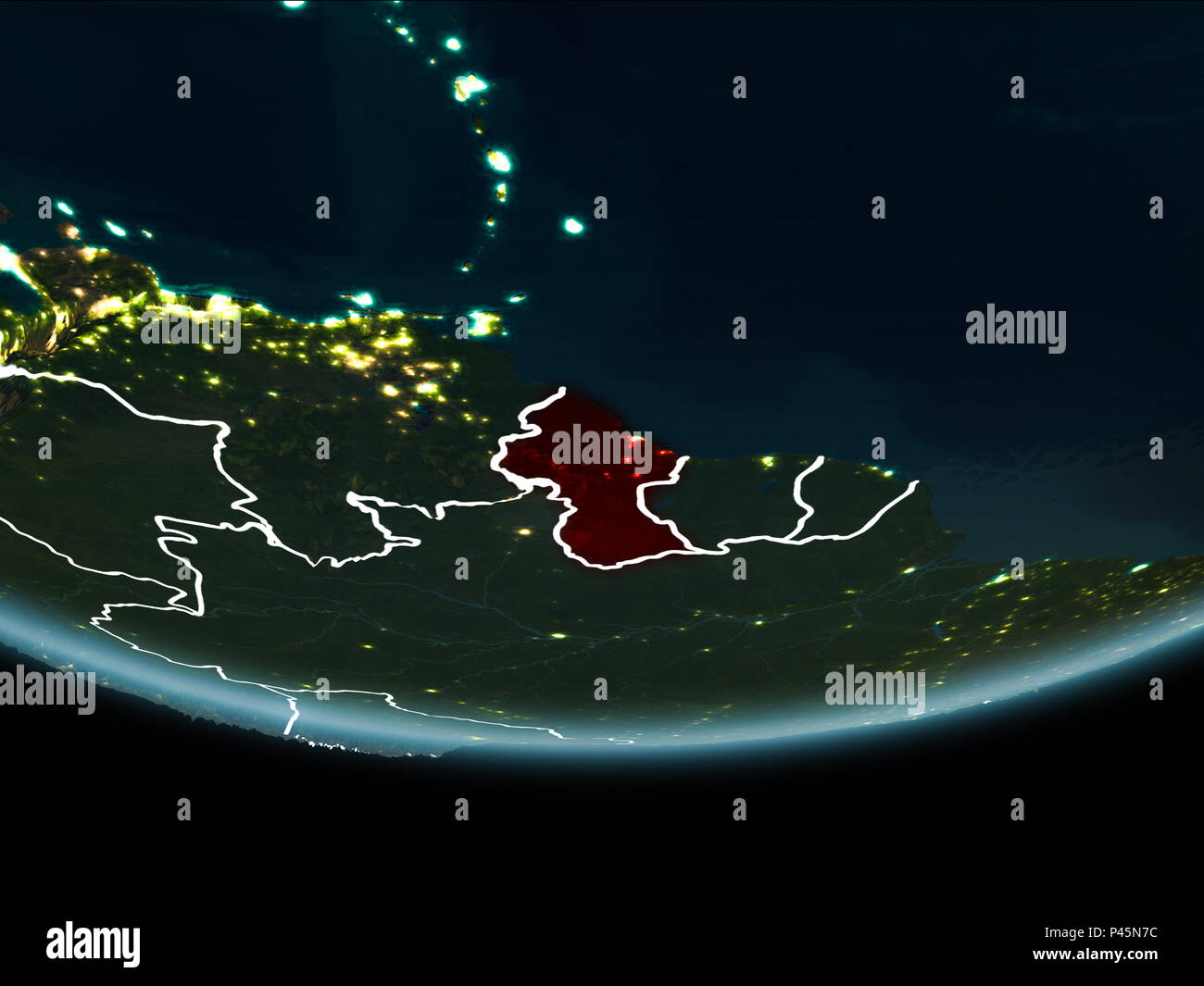 Guyana highlighted in red on planet Earth at night with visible borders ...