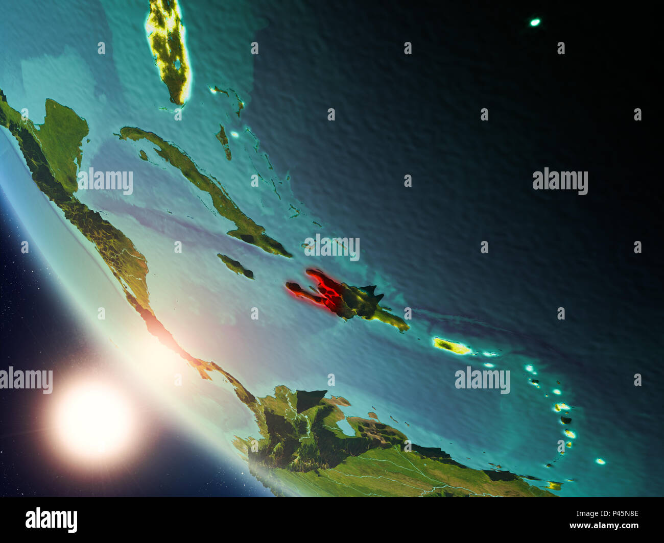 Satellite view of Haiti highlighted in red on planet Earth with visible ...