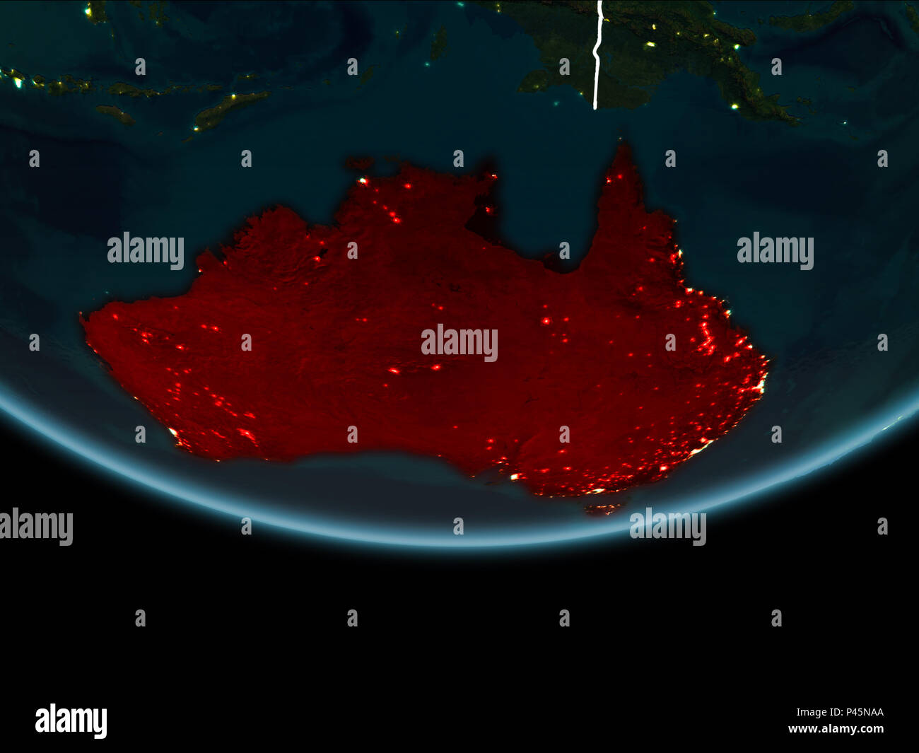 Australia highlighted in red on planet Earth at night with visible ...