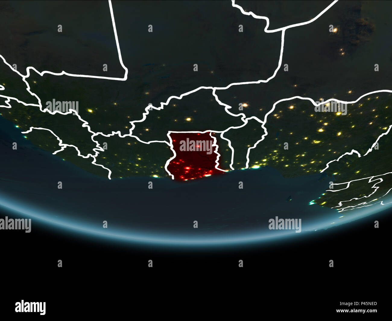 Ghana highlighted in red on planet Earth at night with visible borders ...
