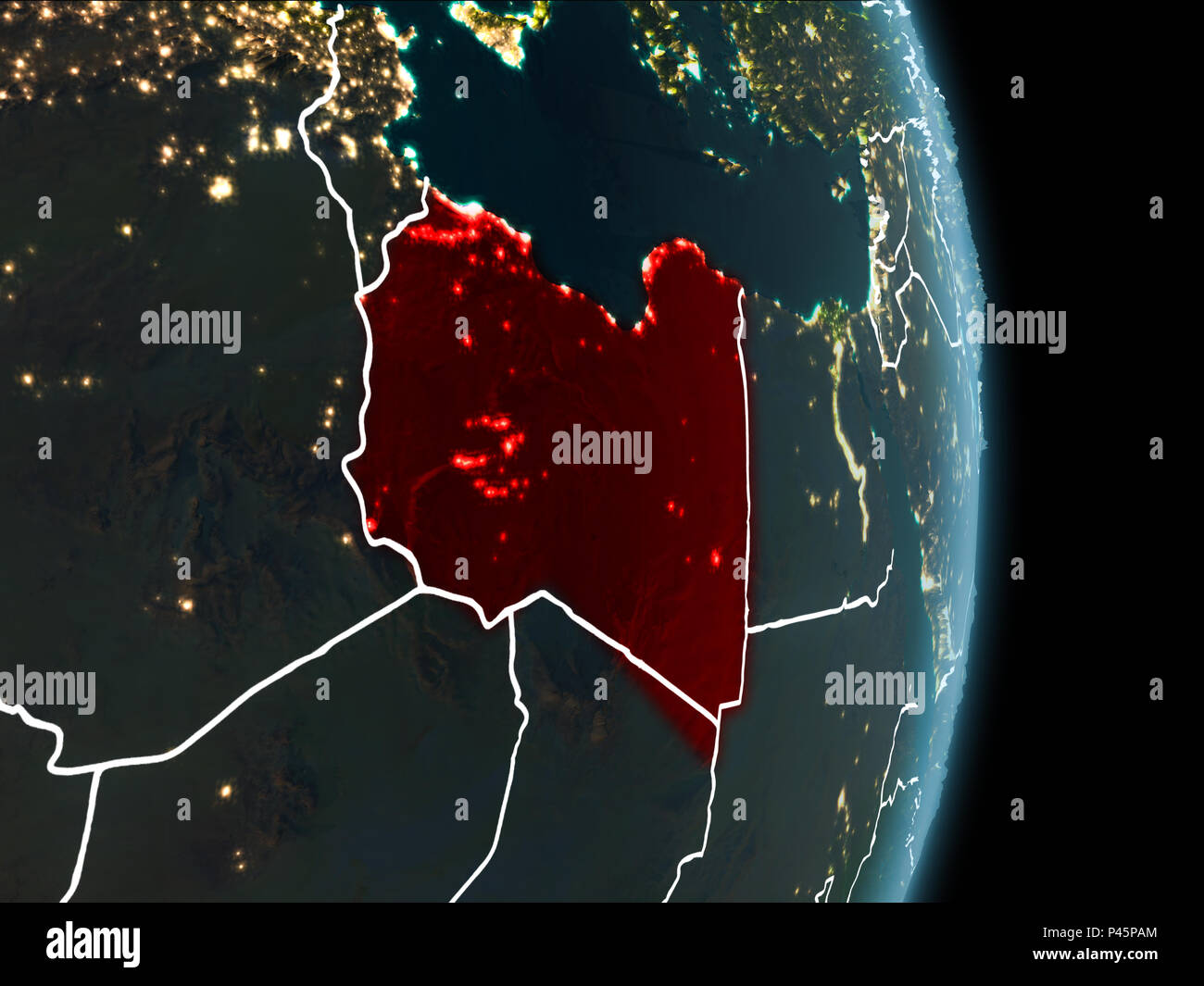 Map of Libya in red as seen from space on planet Earth at night with ...