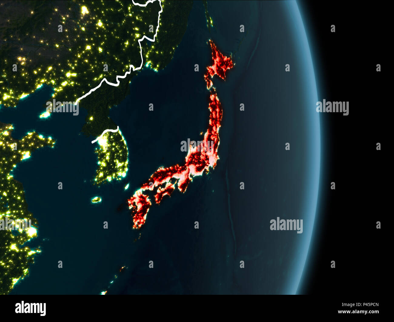 Map of Japan in red as seen from space on planet Earth at night with ...