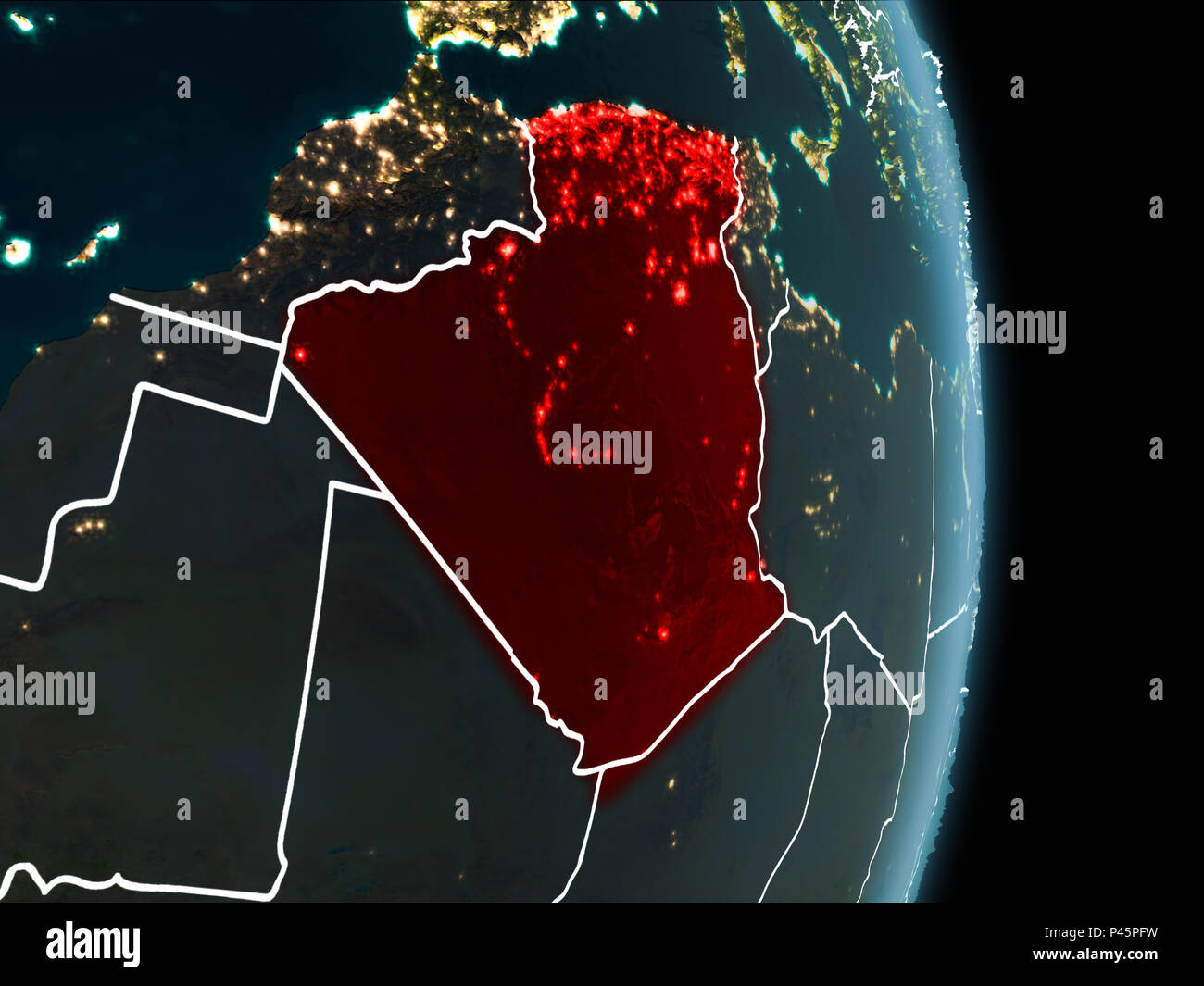 Map of Algeria in red as seen from space on planet Earth at night with ...