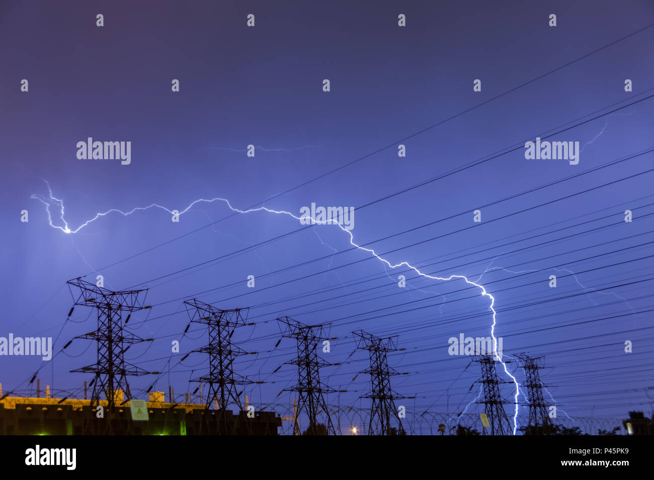 Lightning strike on electricity power lines and sub station in suburban ...