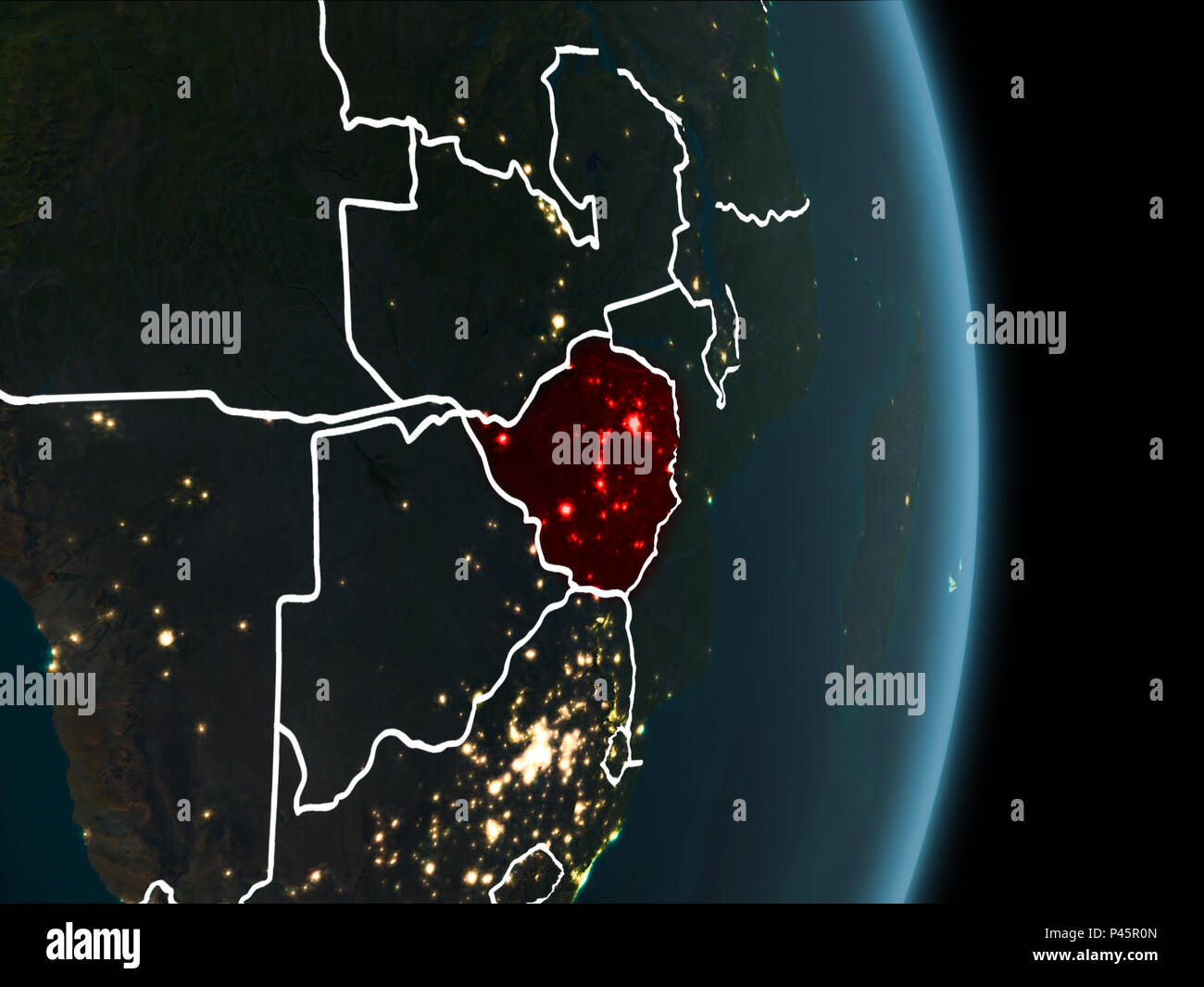 Map of Zimbabwe in red as seen from space on planet Earth at night with ...