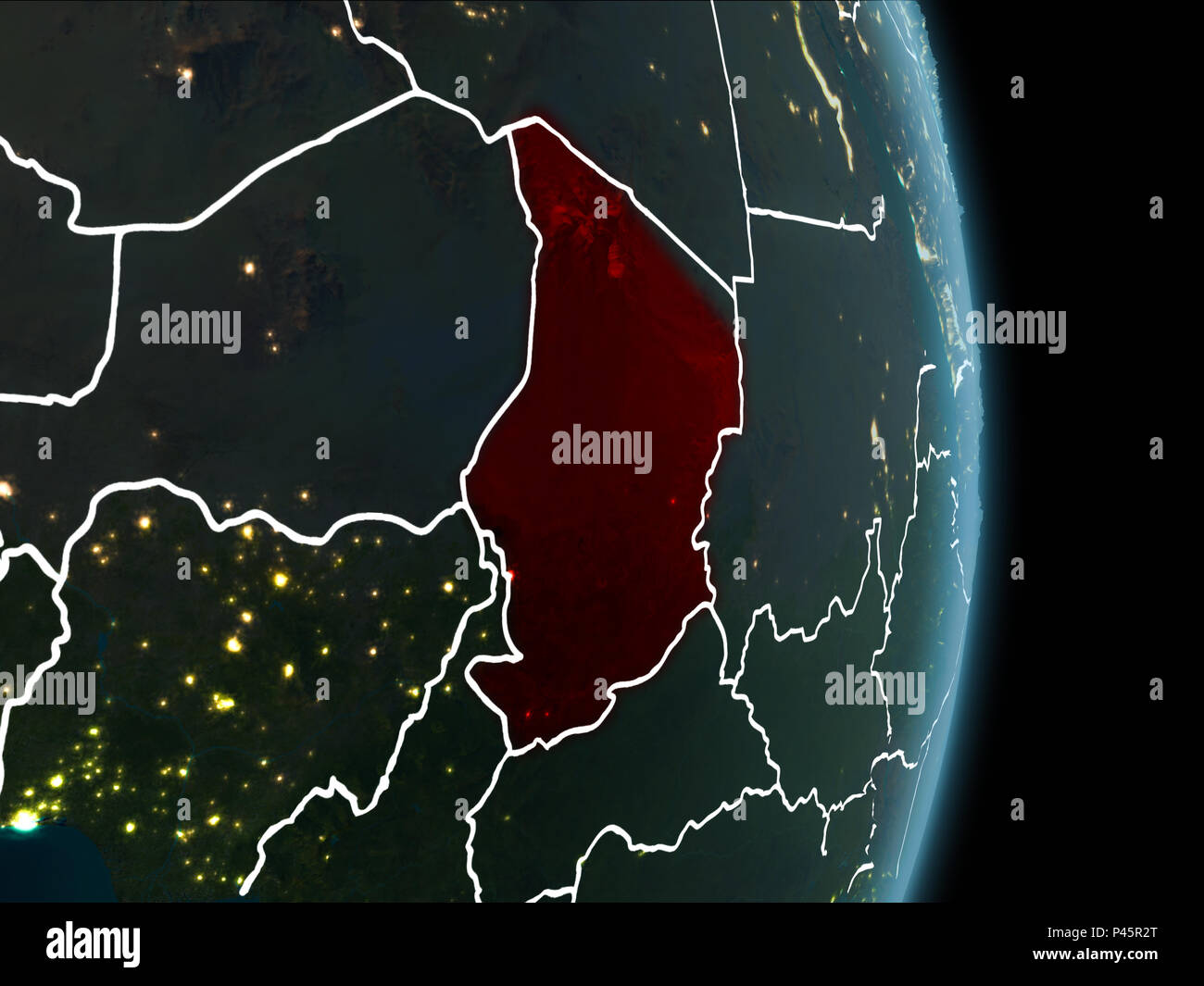 Map of Chad in red as seen from space on planet Earth at night with ...