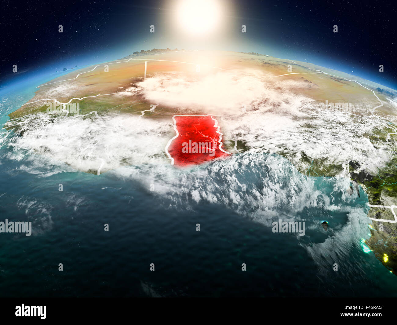Sunrise above Ghana highlighted in red on model of planet Earth in space with visible country ...
