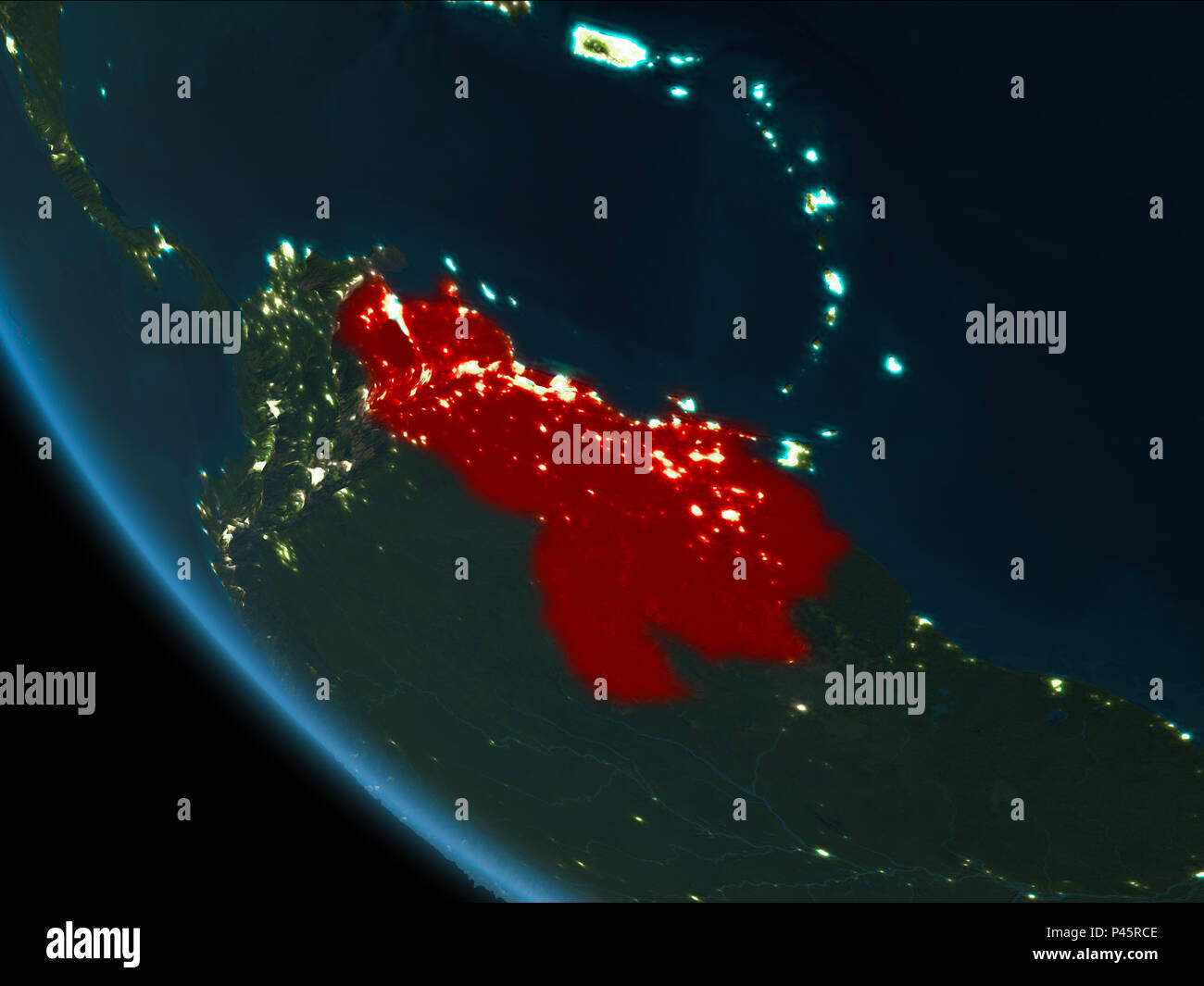 Venezuela from orbit of planet Earth at night with highly detailed ...