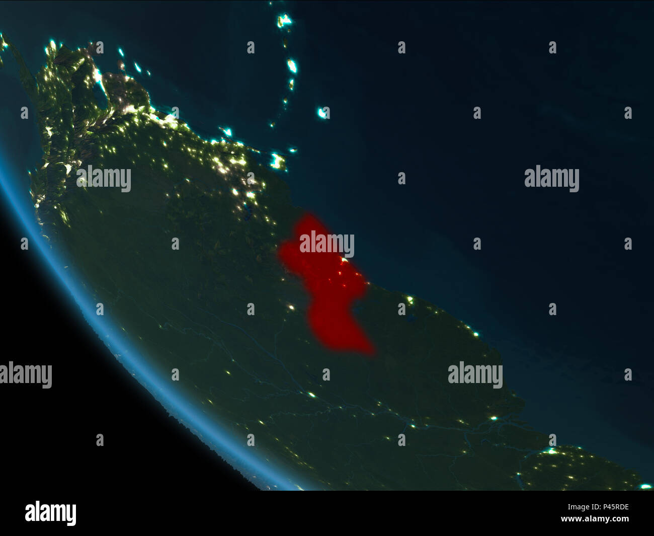 Guyana from orbit of planet Earth at night with highly detailed surface ...