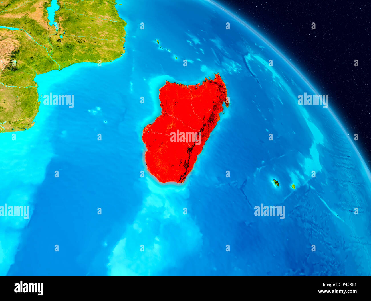 Space view of Madagascar highlighted in red on planet Earth. 3D ...