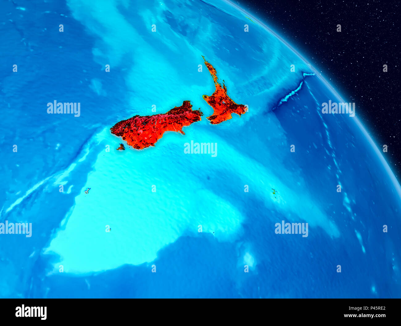 Space view of New Zealand highlighted in red on planet Earth. 3D ...