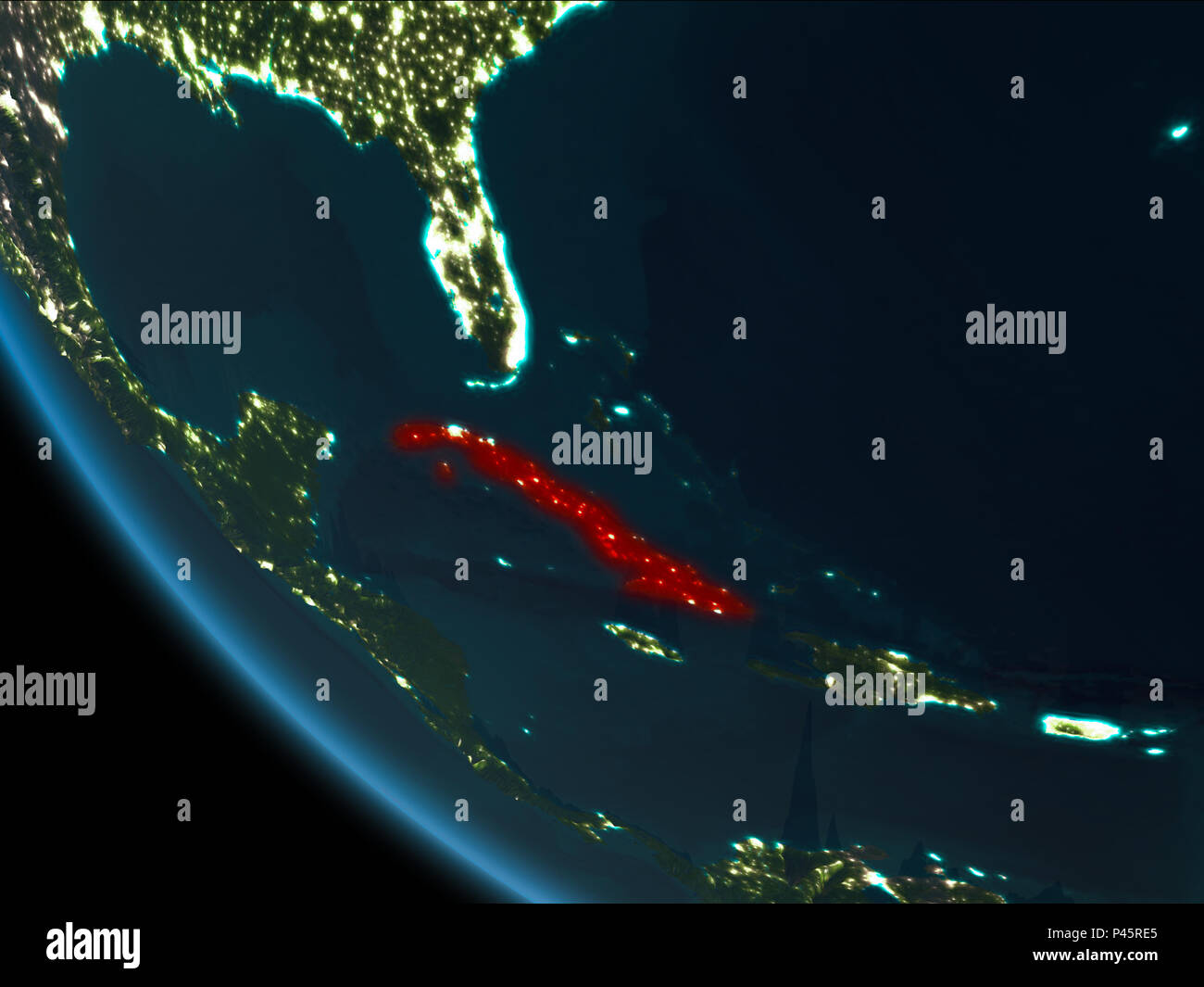 Cuba from orbit of planet Earth at night with highly detailed surface ...