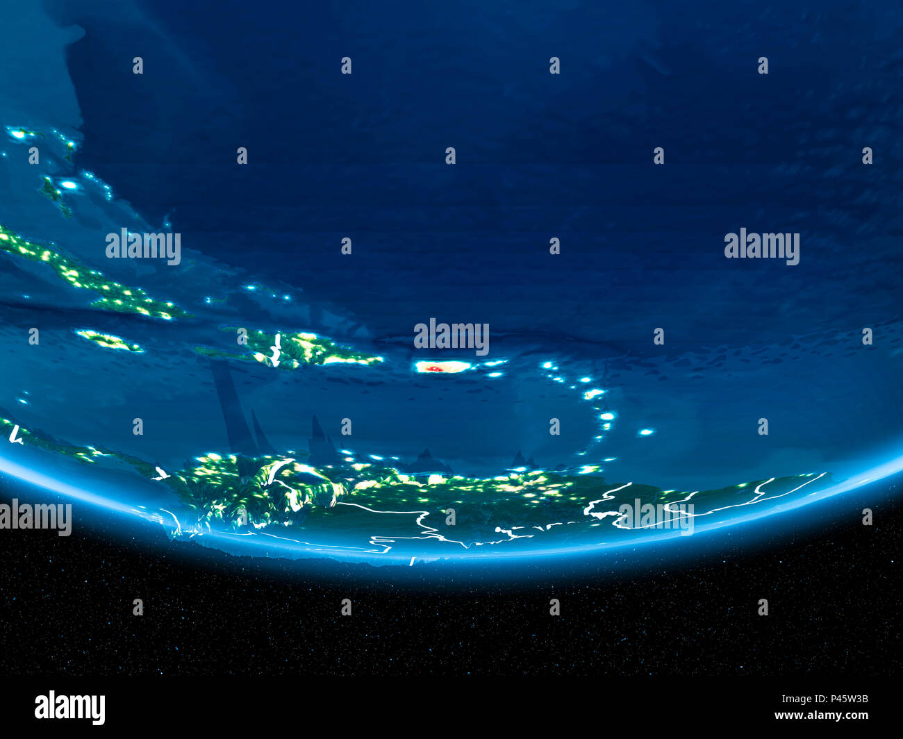 Puerto Rico in red with visible country borders and city lights from ...
