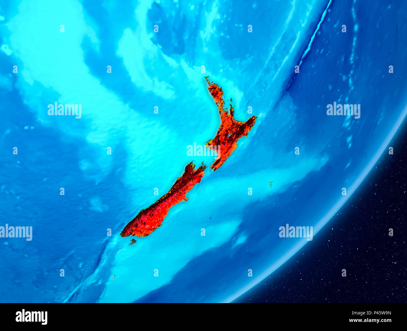 Map of New Zealand as seen from space on planet Earth. 3D illustration ...
