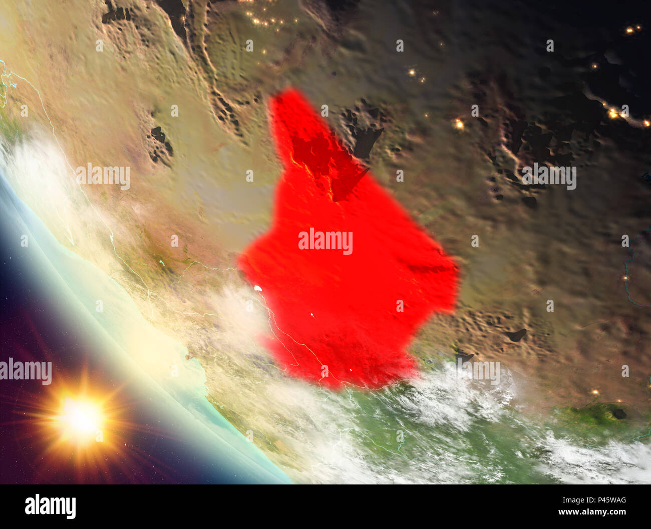 Chad during sunset highlighted in red on planet Earth with clouds. 3D ...