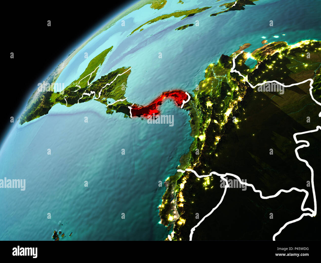 Illustration of Panama as seen from Earth’s orbit in late evening with ...