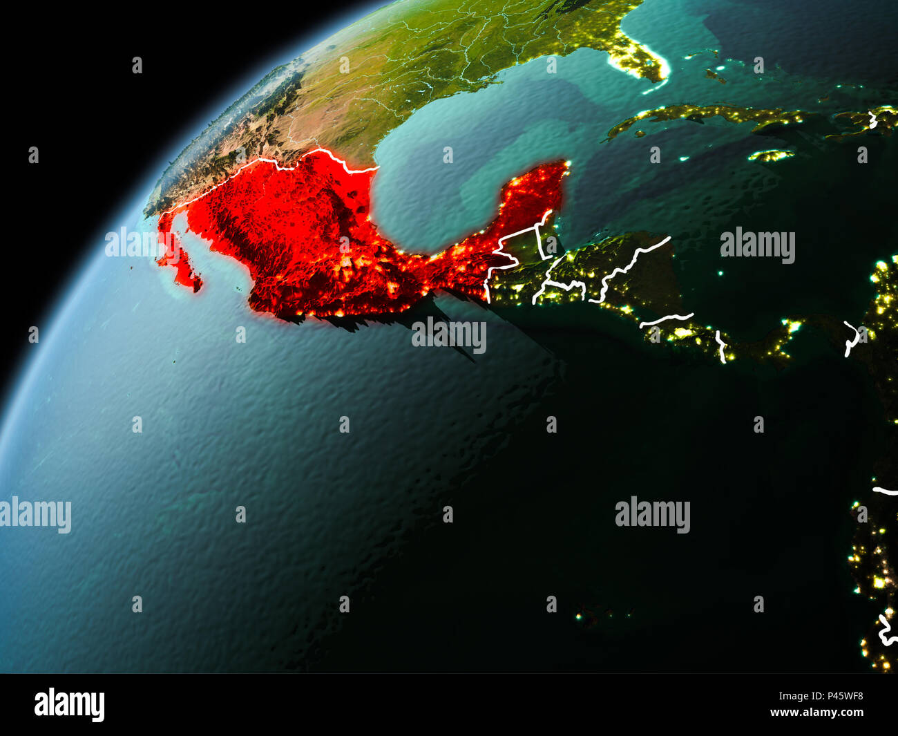 Illustration of Mexico as seen from Earth’s orbit in late evening with ...