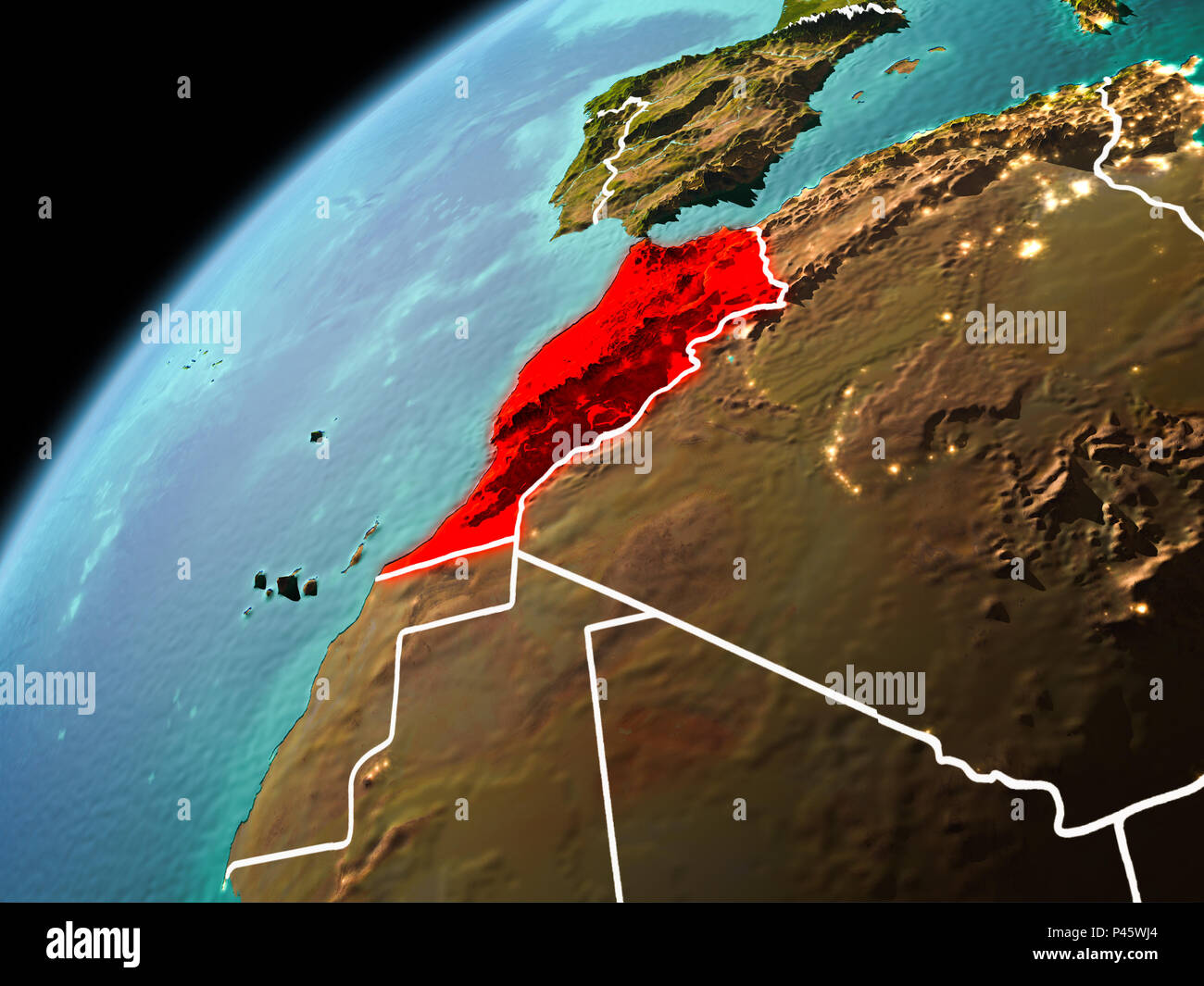 Illustration of Morocco as seen from Earth’s orbit in late evening with ...