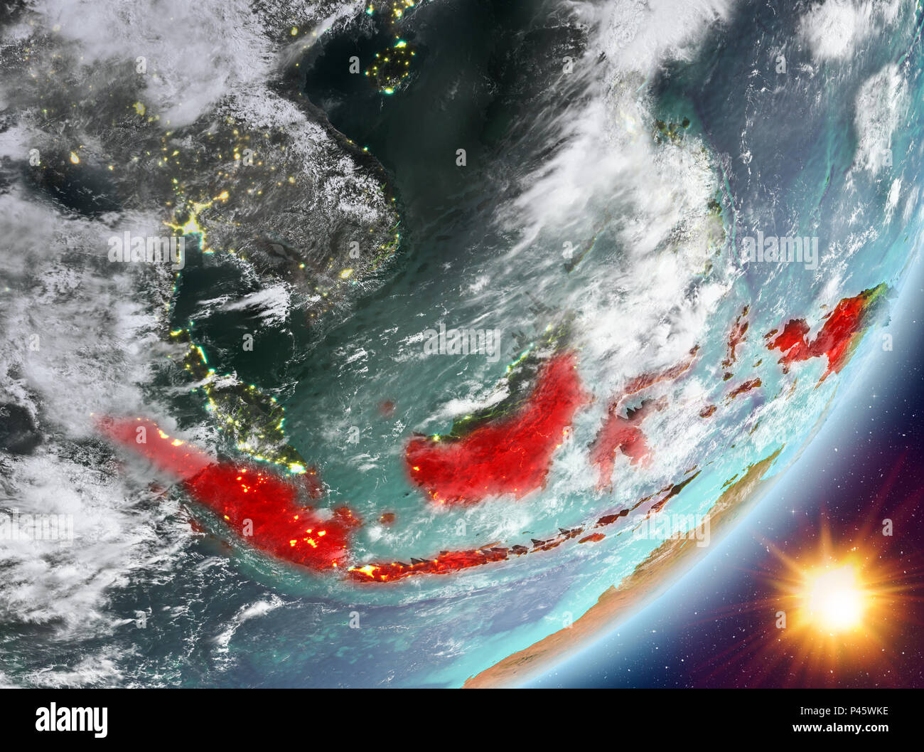 Indonesia from orbit of planet Earth in sunrise with highly detailed ...