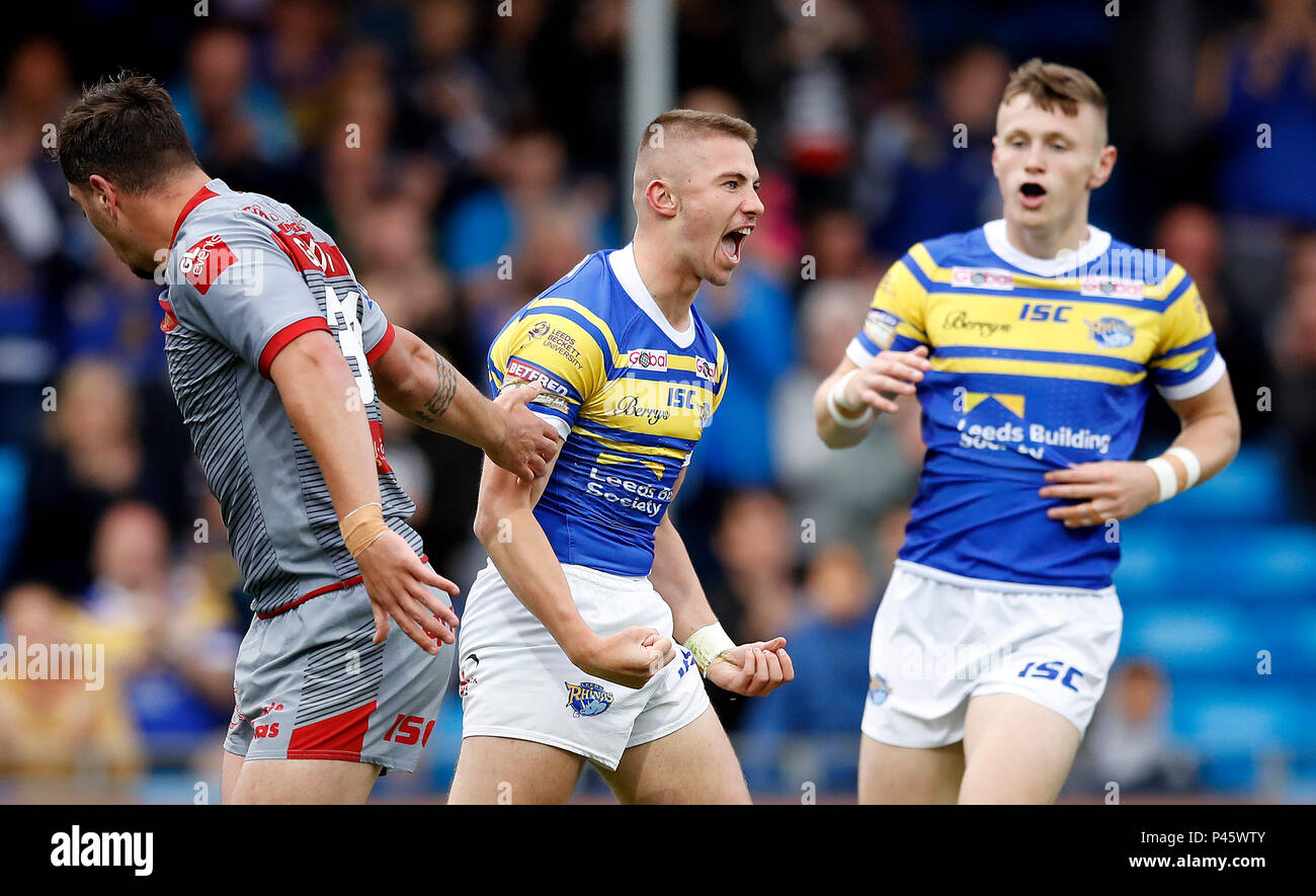 Leeds Rhinos Jack Walker celebrates his try against Catalans Dragons ...
