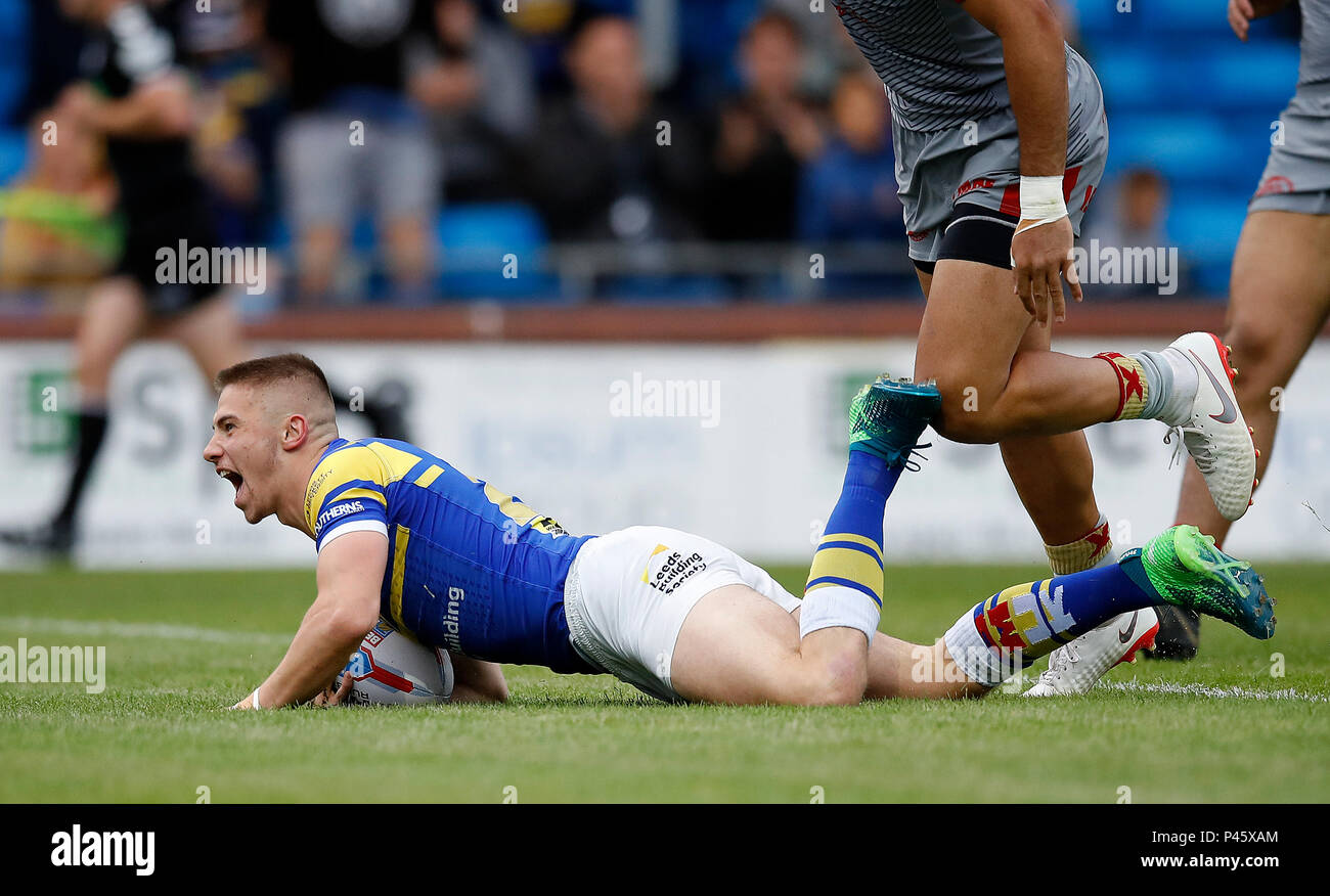 Leeds Rhinos Jack Walker celebrates his try against Catalans Dragons ...
