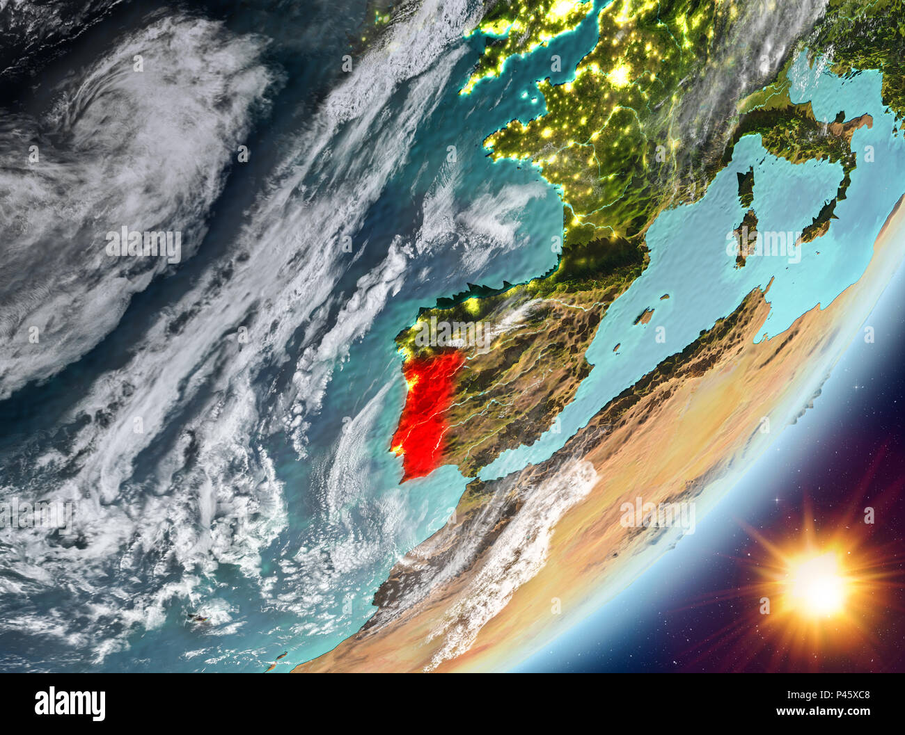 Portugal from orbit of planet Earth in sunrise with highly detailed ...