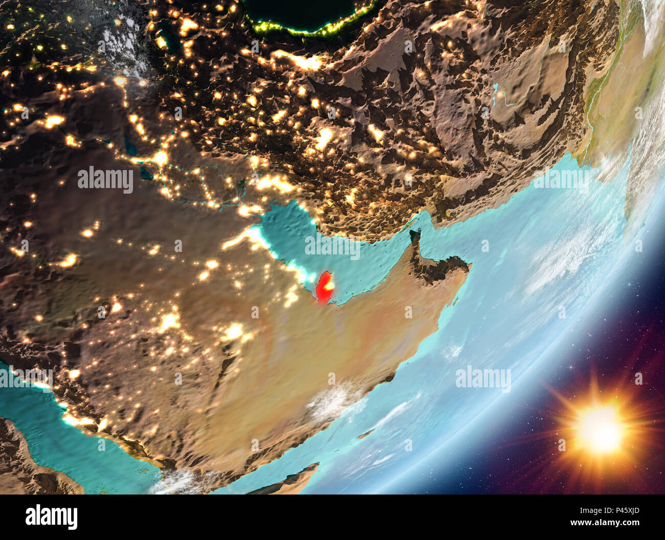 Qatar from orbit of planet Earth in sunrise with highly detailed ...