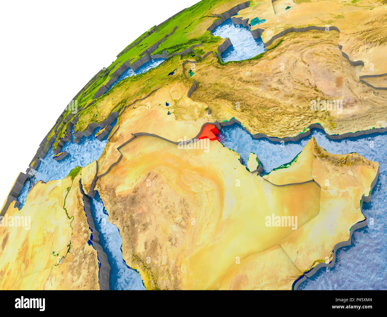 Kuwait on simple globe with visible country borders and realistic water ...