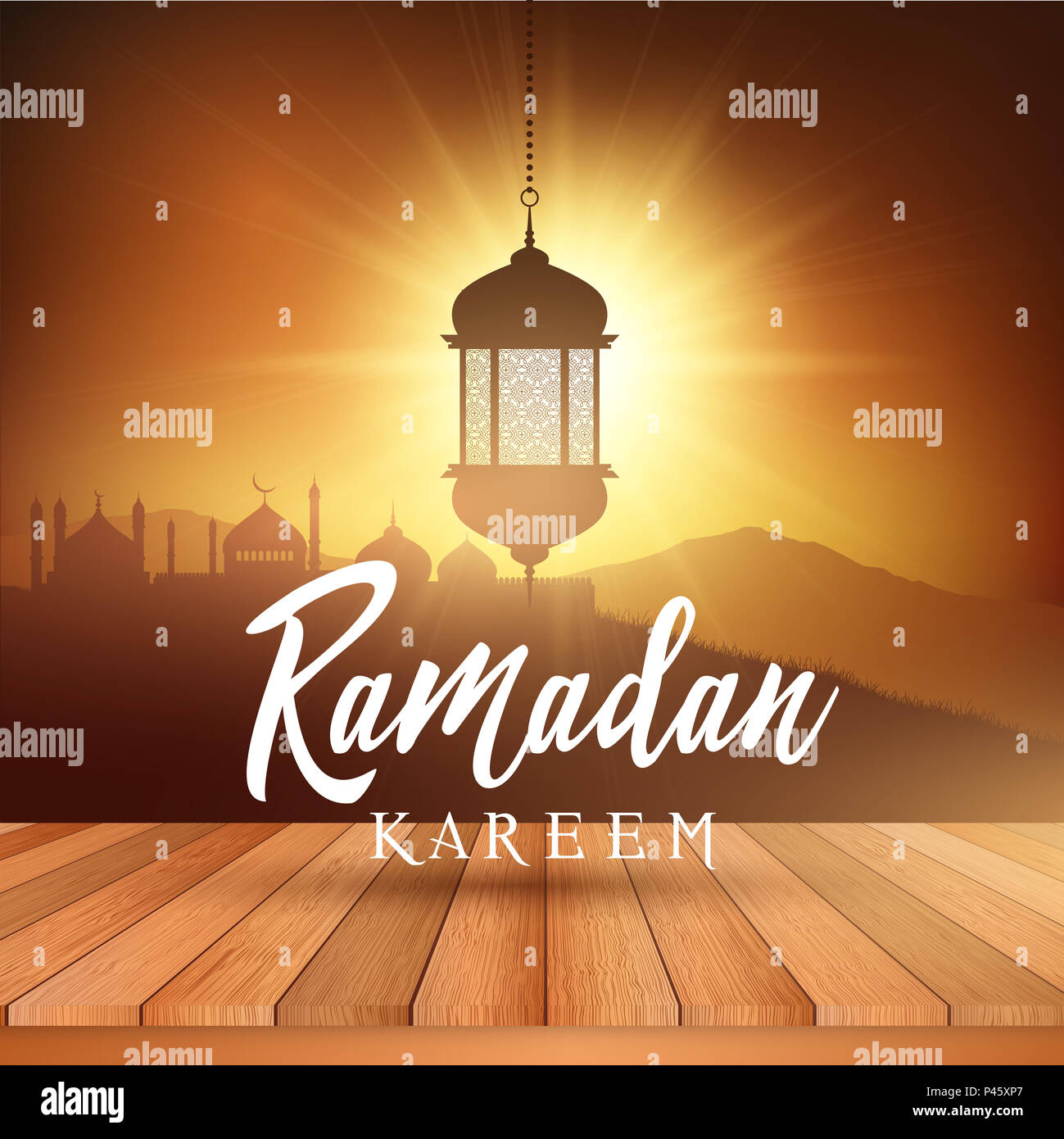 Ramadan landscape background with hanging lantern and wooden display ...